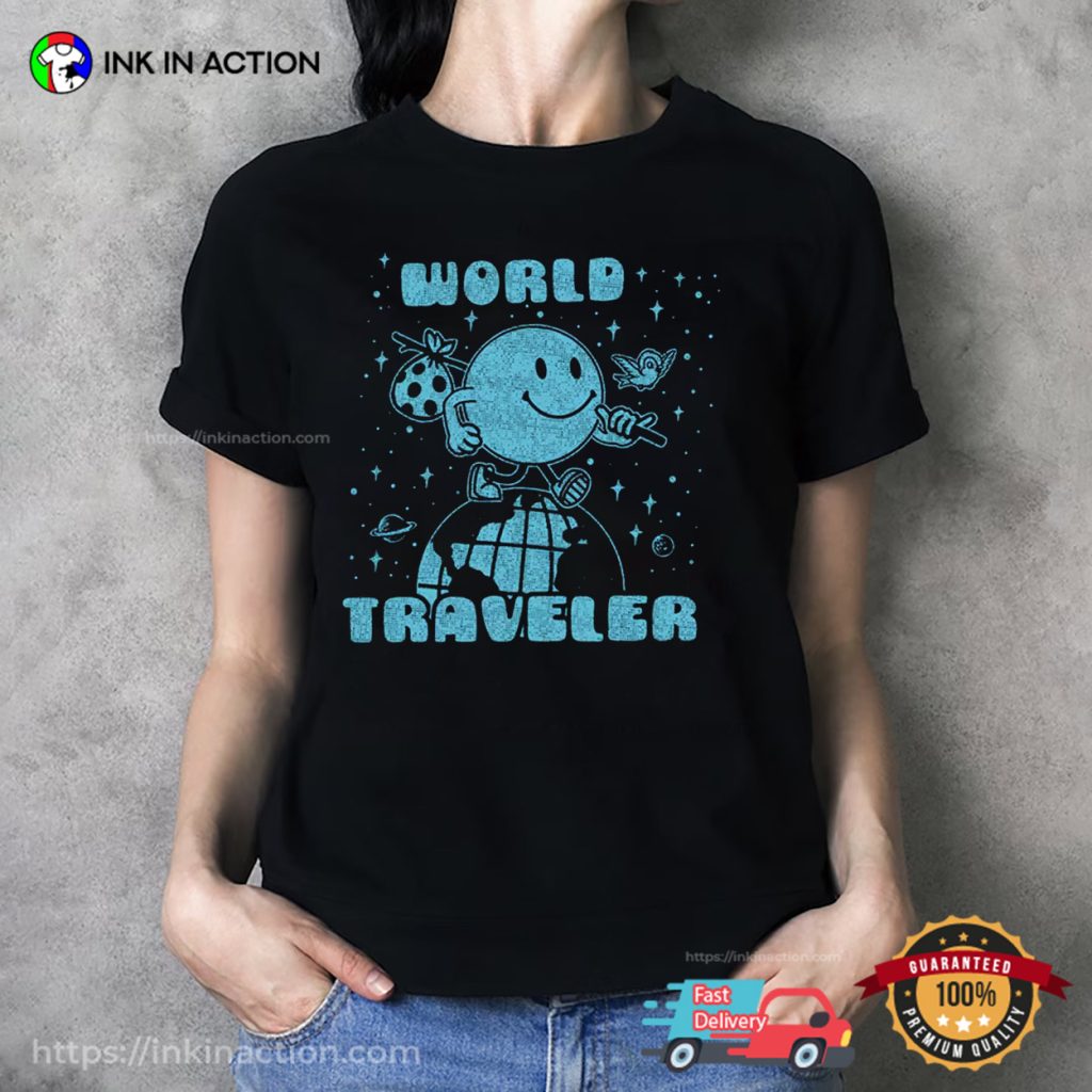 World Traveler Vintage Smiley Face Traveler Graphic Tee - Print your ...