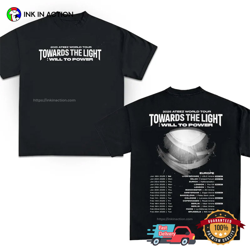 Ateez World Tour 2025 Europe Schedules 2-sided T-shirt Ateez World Tour 2025 Europe Schedules 2-sided T-shirt